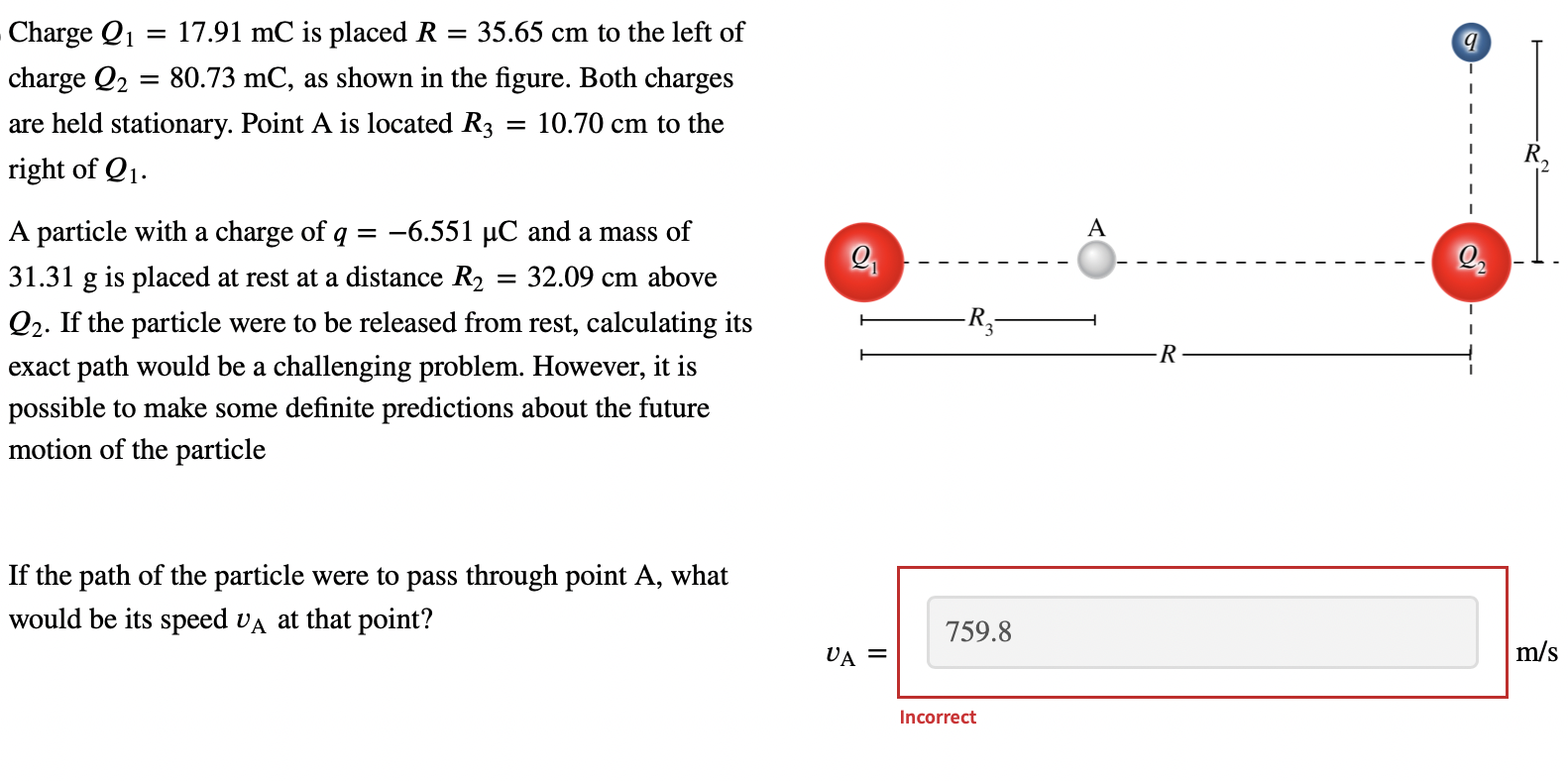 Solved Charge Q1=17.91mC ﻿is placed R=35.65cm ﻿to the left | Chegg.com