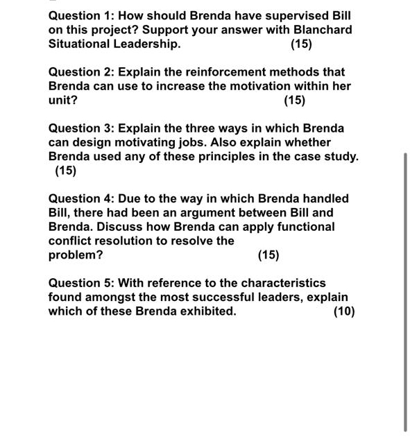 Solved Question 1: How should Brenda have supervised Bill on | Chegg.com