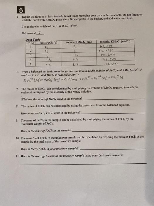 Solved OK 5. Repeat the titration at least two additional | Chegg.com