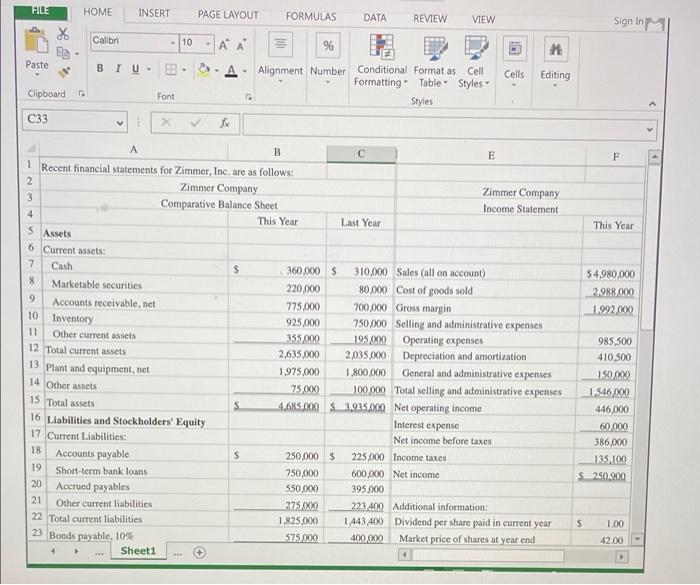 Solved Calculating Select Financial Ratios using Excel's | Chegg.com