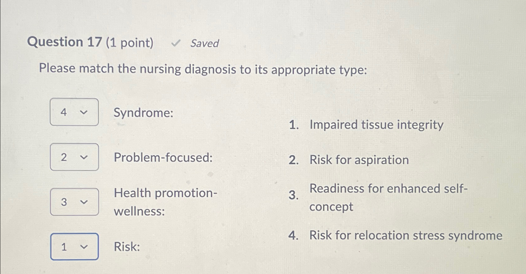 Solved Question 17 (1 ﻿point) ﻿SavedPlease match the | Chegg.com