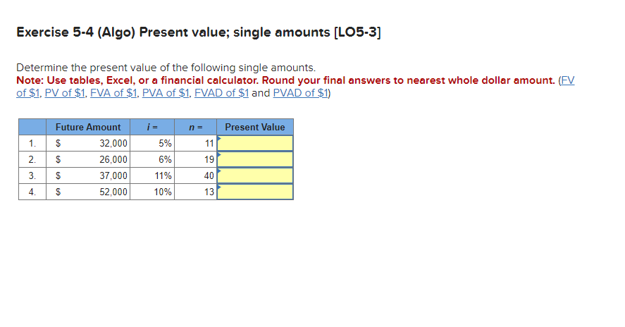 Solved Exercise 5-4 (Algo) ﻿Present value; single amounts | Chegg.com