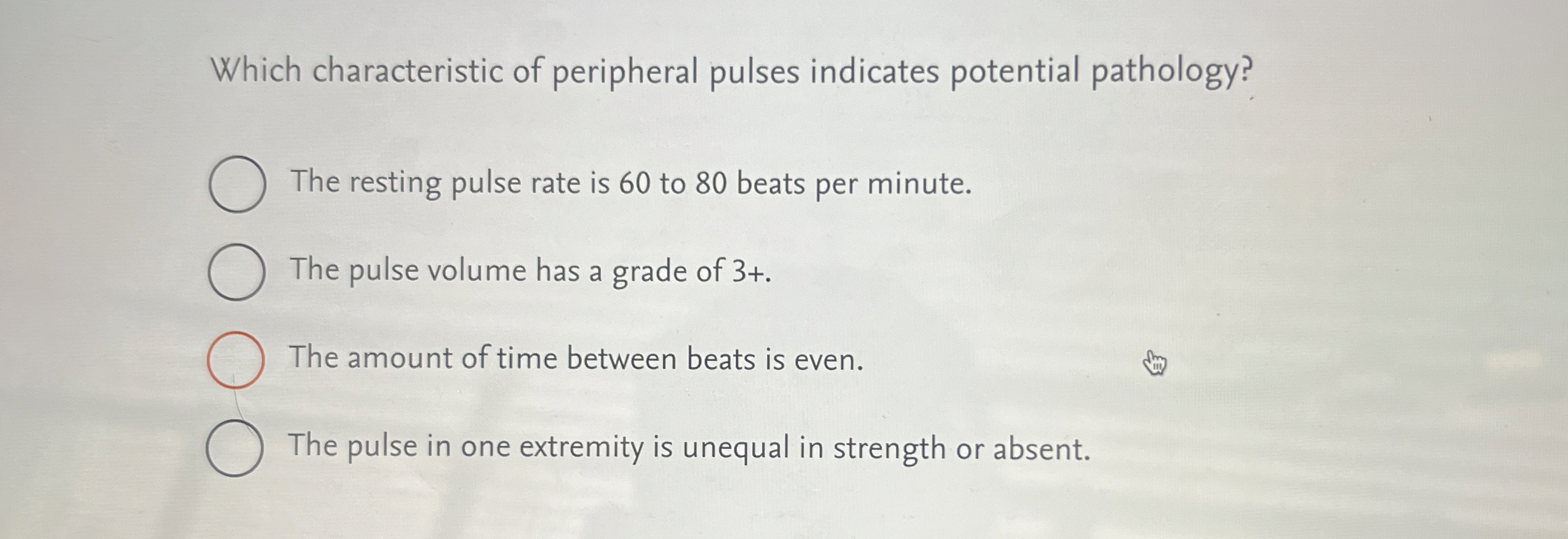 Solved Which characteristic of peripheral pulses indicates | Chegg.com