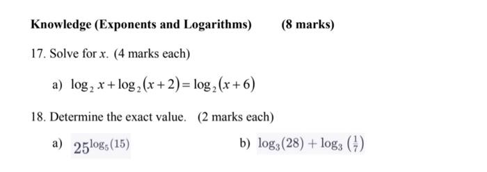 Solved a) log2x+log2(x+2)=log2(x+6) 18. Determine the exact | Chegg.com