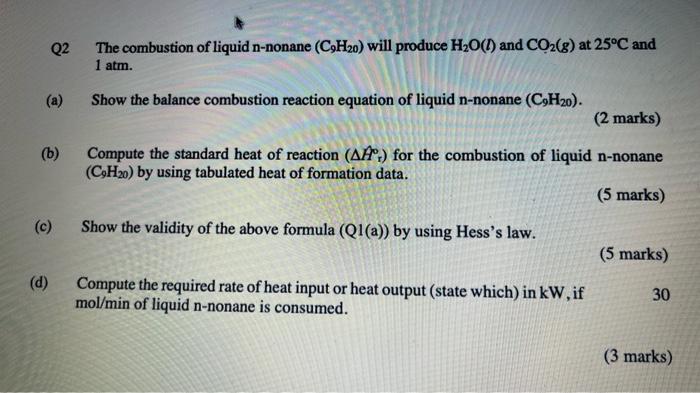 Solved Q2 The combustion of liquid n-nonane (C9H20) will | Chegg.com
