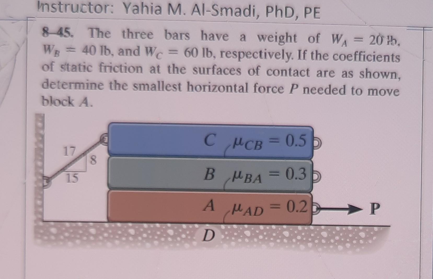 Solved 8-45. The three bars have a weight of WA = 20 b. WB = | Chegg.com