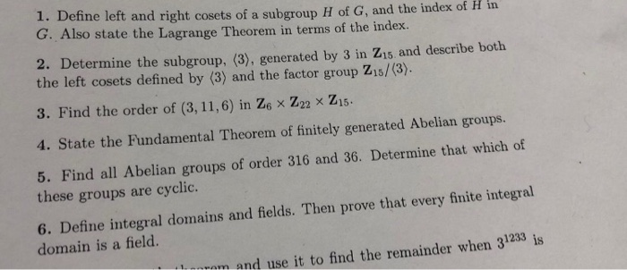 Solved 1. Define left and right cosets of a subgroup H of G, | Chegg.com