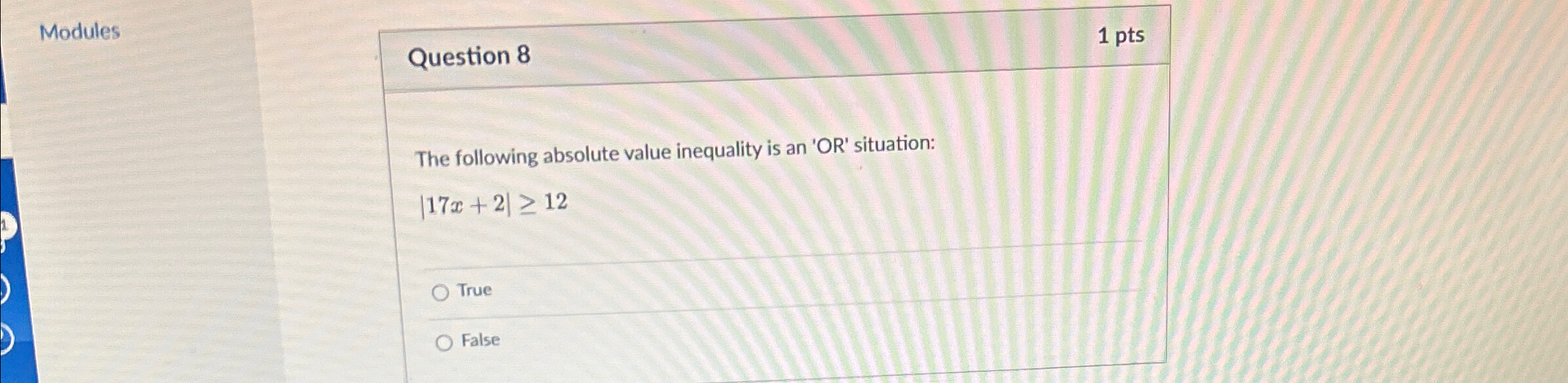 Solved ModulesQuestion 81 ptsThe following absolute value | Chegg.com Solved ModulesQuestion 81 ptsThe following absolute value | Chegg.com