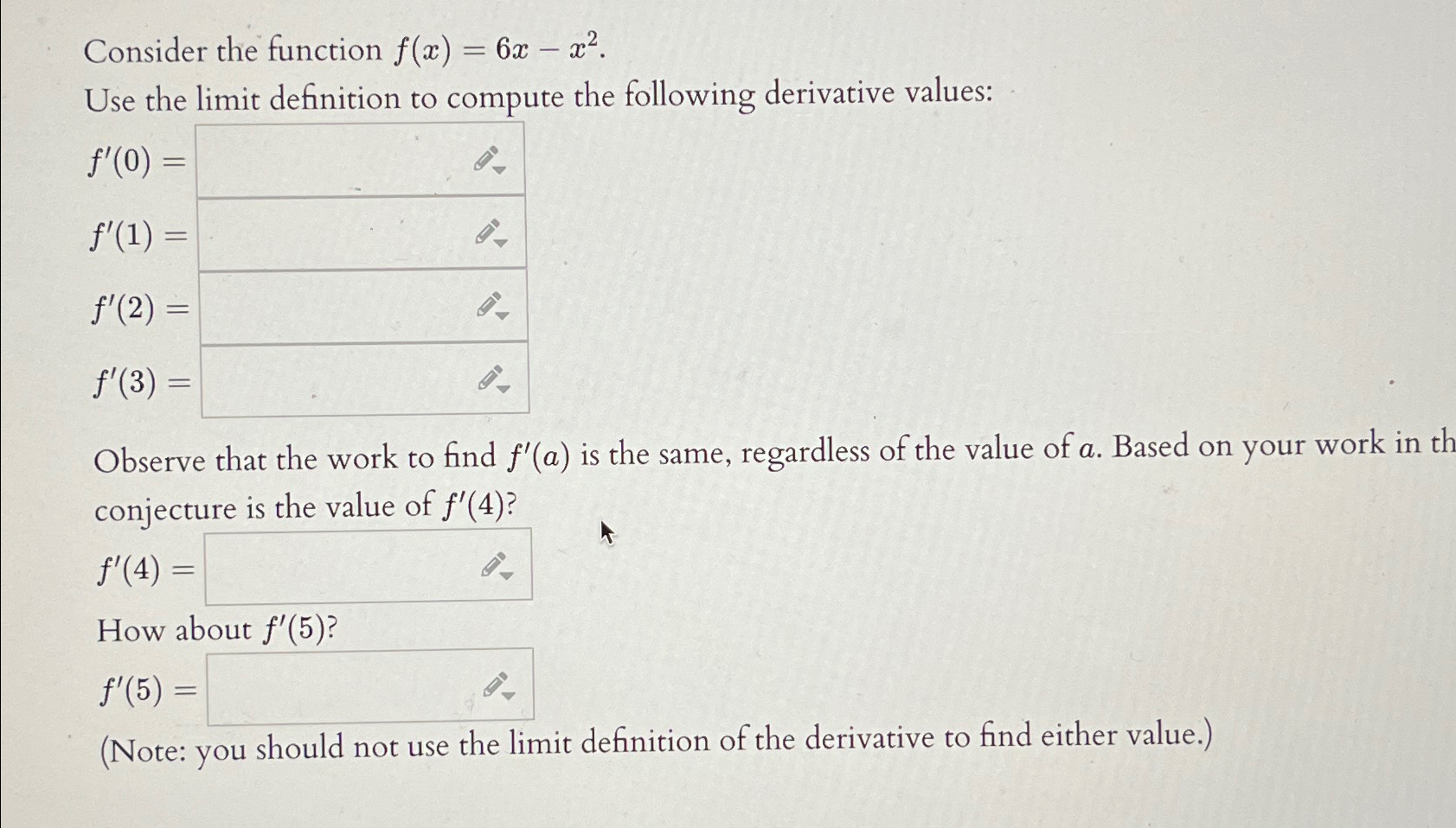 Solved Consider the function f(x)=6x-x2.Use the limit | Chegg.com