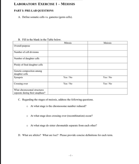Solved LABORATORY EXERCISE 1 - MEIOSIS PARTI: PRE-LAB | Chegg.com