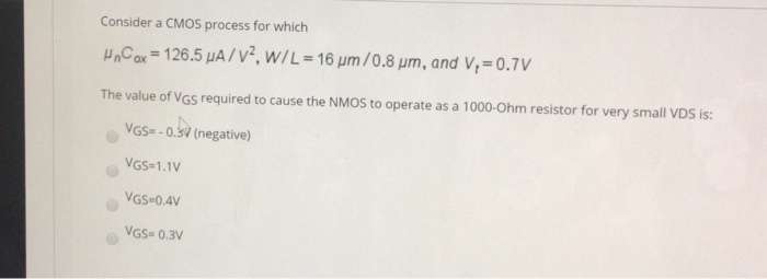 Solved Consider a CMOS process for which Cox = 126.5 JA/V?, | Chegg.com