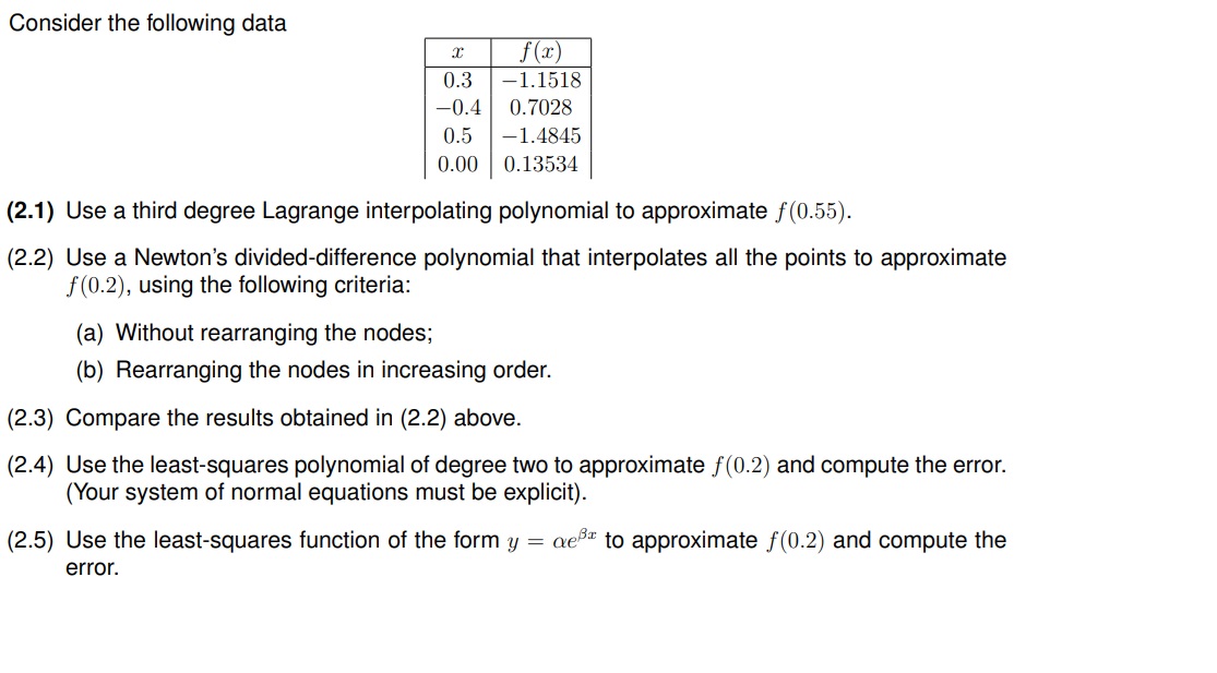 Solved Consider the following data(2.5) ﻿Use the | Chegg.com