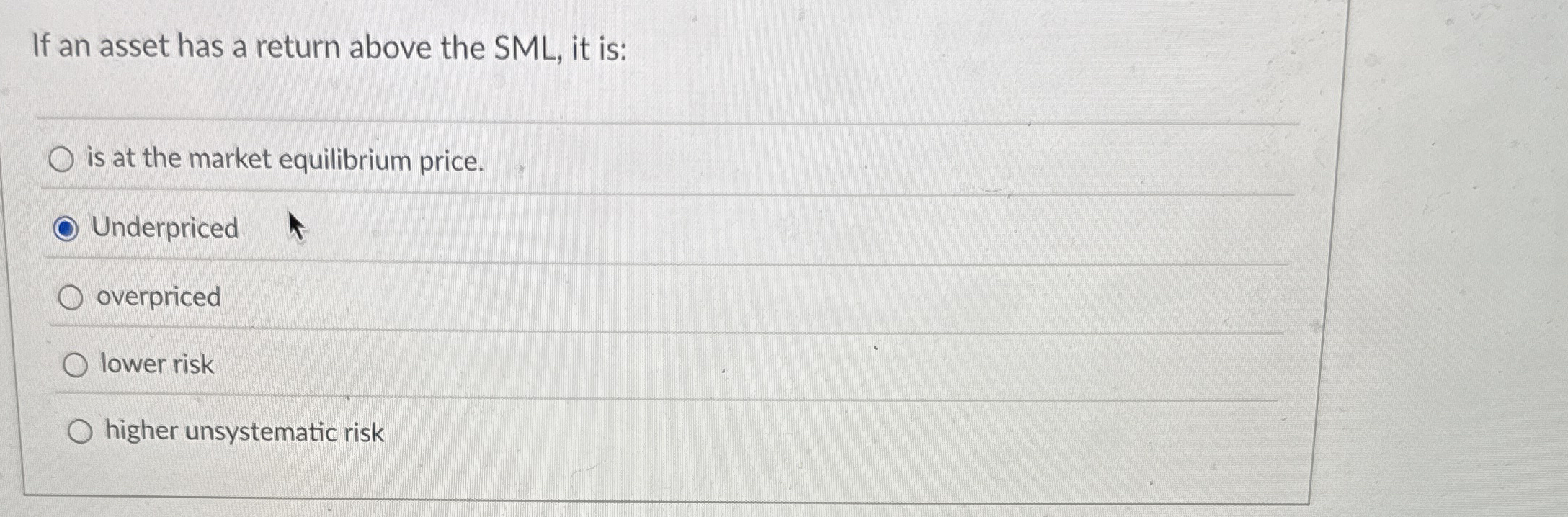 Solved If an asset has a return above the SML, ﻿it is:is at | Chegg.com