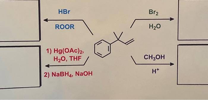 Solved HBr ROOR 1) Hg(OAc)2, H₂O, THF 2) NaBH4, NaOH Br₂ H₂O | Chegg.com Solved HBr ROOR 1) Hg(OAc)2, H₂O, THF 2) NaBH4, NaOH Br₂ H₂O | Chegg.com