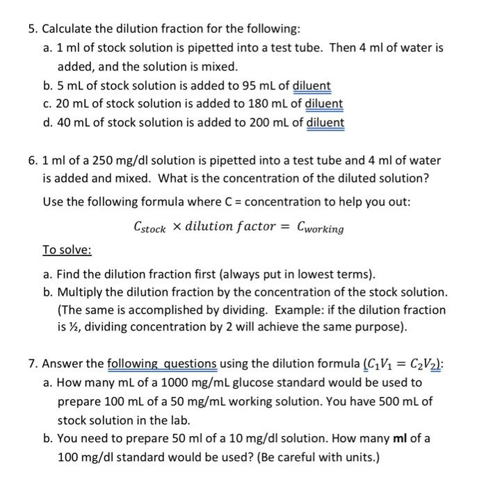 Solved 5. Calculate the dilution fraction for the following: | Chegg.com