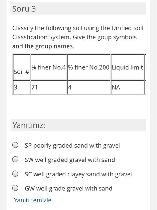 Solved Soru 3 Classify the following soil using the Unified | Chegg.com