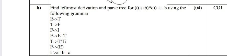 Solved b) (04) C01 Find leftmost derivation and parse tree | Chegg.com