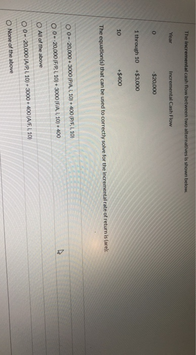 Solved The incremental cash flow between two alternatives is | Chegg.com