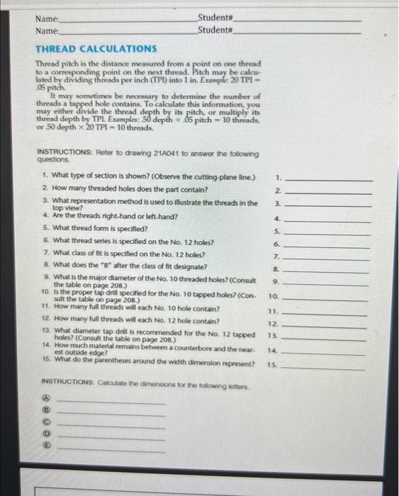 Solved THREAD CALCULATIONS Thread pitch is the distance | Chegg.com