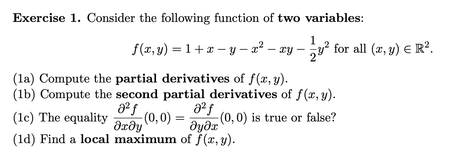 Exercise 1. ﻿Consider the following function of two | Chegg.com