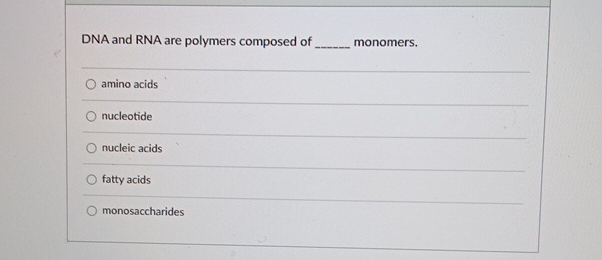 Solved DNA and RNA are polymers composed of ﻿monomers. | Chegg.com