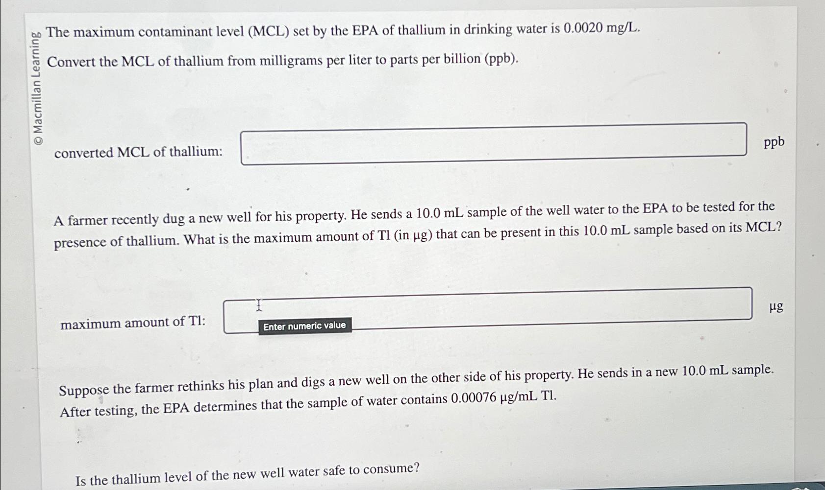 The maximum contaminant level (MCL) ﻿set by the EPA | Chegg.com