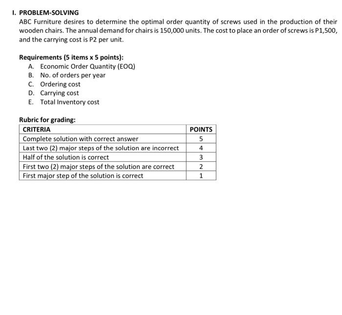 Solved PROBLEM-SOLVING ABC Furniture desires to determine | Chegg.com