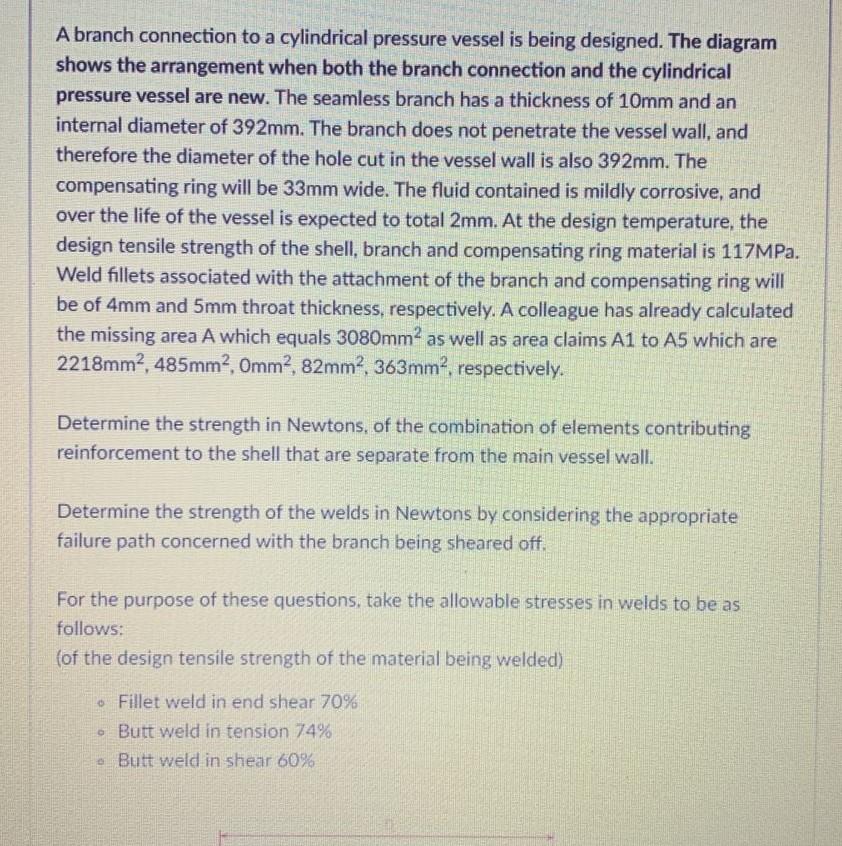 Solved A branch connection to a cylindrical pressure vessel | Chegg.com