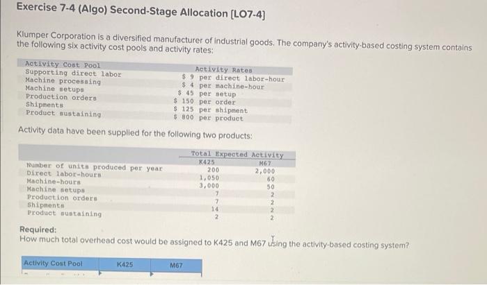 Solved Exercise 7-4 (Algo) Second-Stage Allocation [LO7-4] | Chegg.com