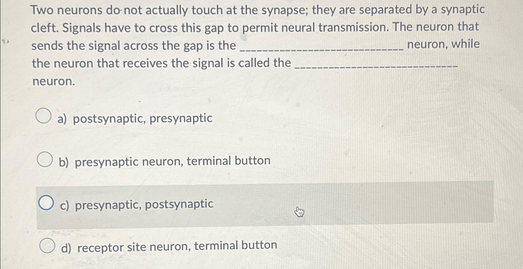 Solved Two neurons do not actually touch at the synapse; | Chegg.com