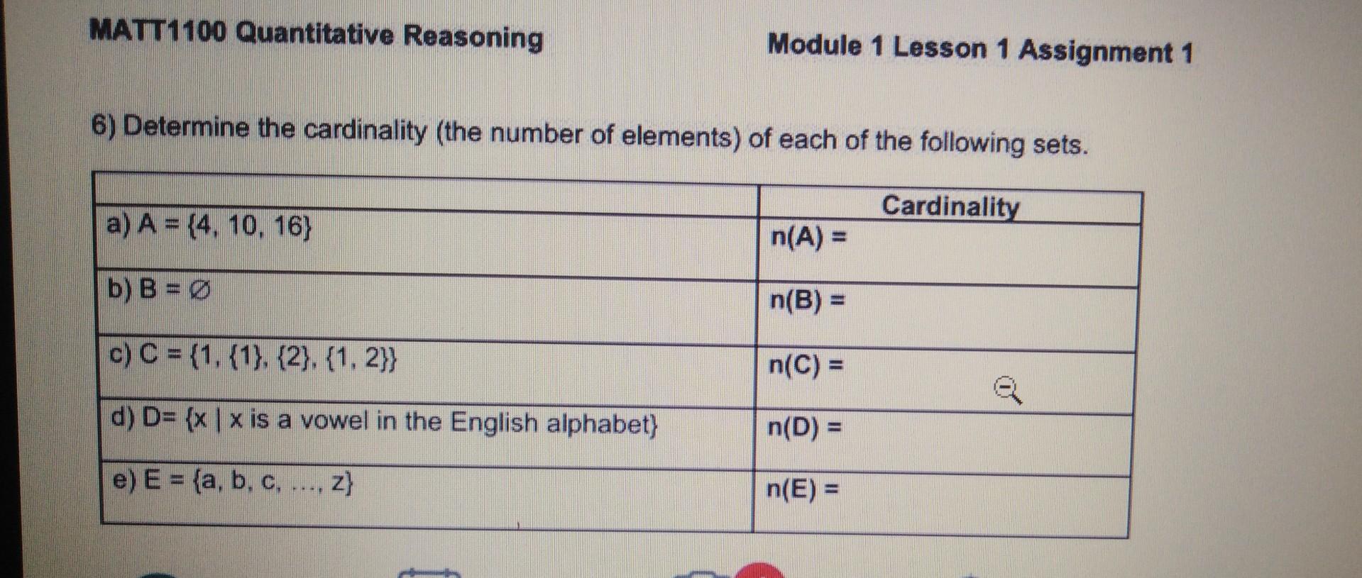 Solved 6) Determine the cardinality (the number of elements) | Chegg.com