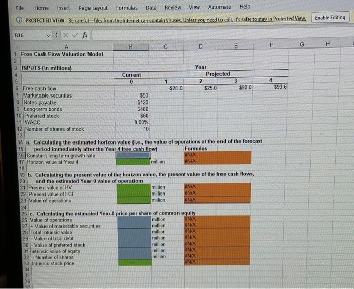 Solved Excel Activity: Free Cash Flow Valuation Model Start | Chegg.com