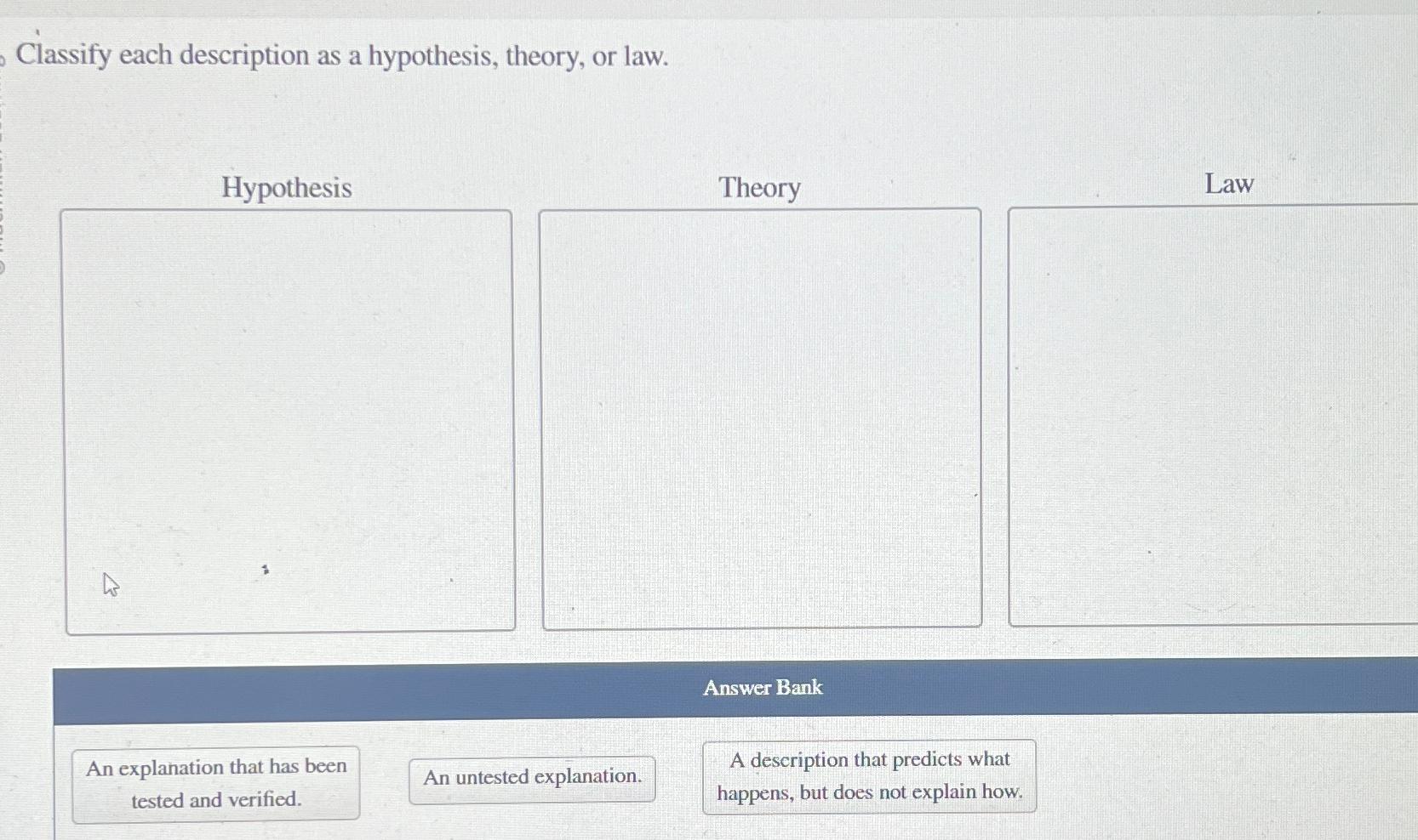 Solved Classify each description as a hypothesis, theory, or | Chegg.com
