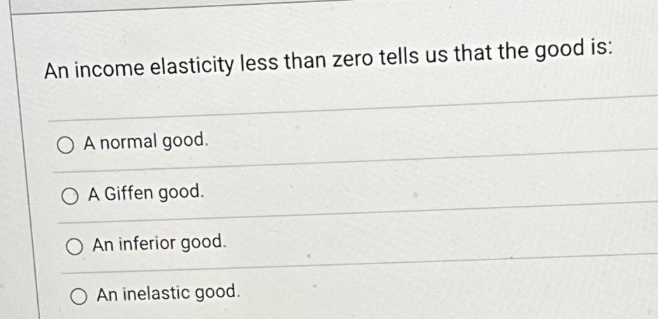 Solved An income elasticity less than zero tells us that the | Chegg.com
