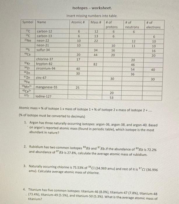 Solved Isotopes - worksheet. Symbol Name # of neutrons 6 # | Chegg.com