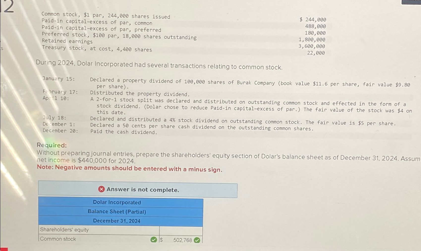 Solved Common stock, $1 ﻿par, 244,000 ﻿shares | Chegg.com