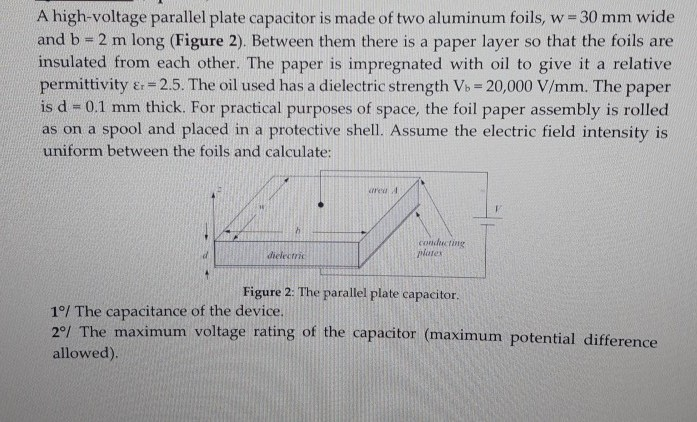 Solved A high-voltage parallel plate capacitor is made of | Chegg.com