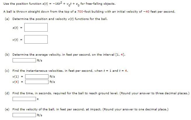 Solved Use the position function s(t) = -16t² + vot+s for | Chegg.com