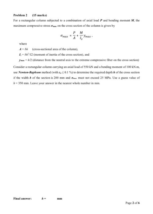 Solved Problem 2 (15 marks) For a rectangular column | Chegg.com Solved Problem 2 (15 marks) For a rectangular column | Chegg.com