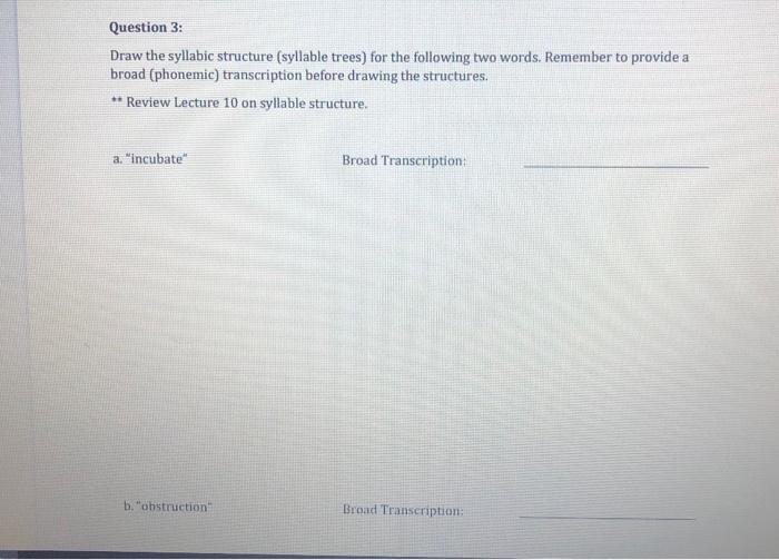 Question 3: Draw the syllabic structure (syllable | Chegg.com