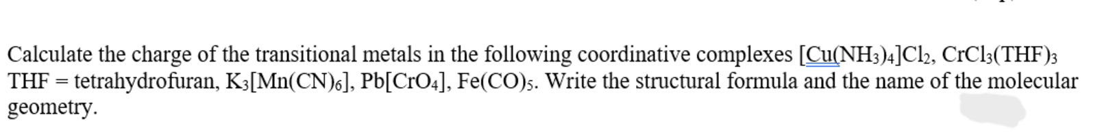 Solved Calculate the charge of ﻿the transitional metals in | Chegg.com