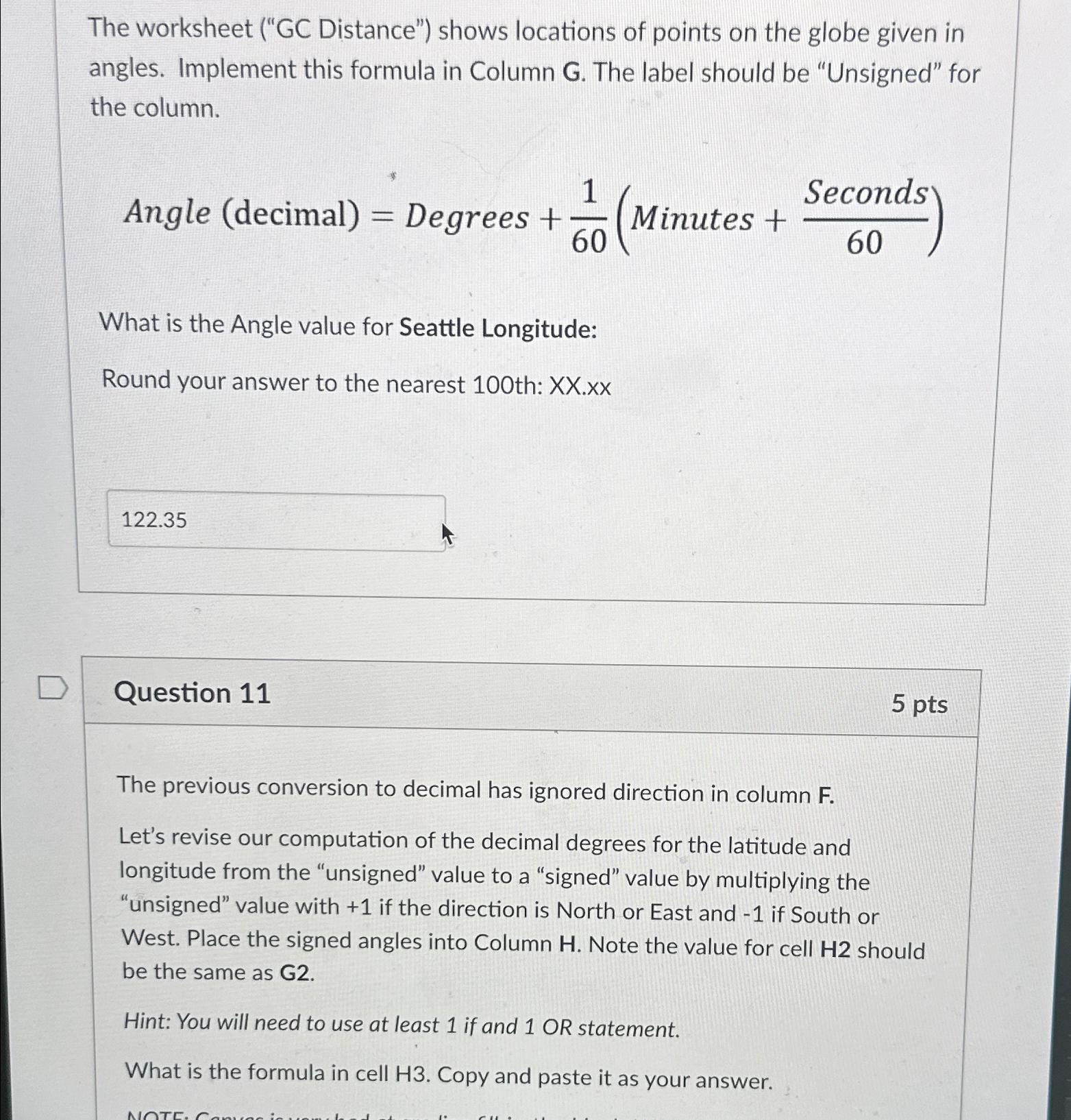 Solved The worksheet ("GC Distance") ﻿shows locations of | Chegg.com