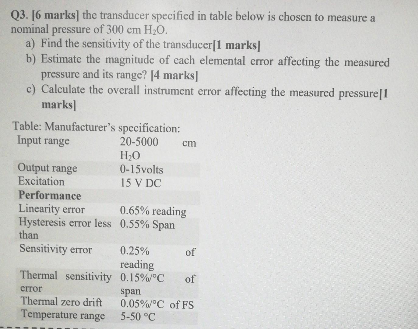 Solved Q3. [6 marks the transducer specified in table below | Chegg.com