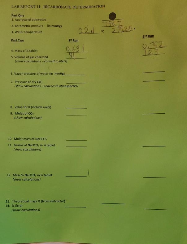 Solved LAB REPORT 11: BICARBONATE DETERMINATION Part One 1. | Chegg.com