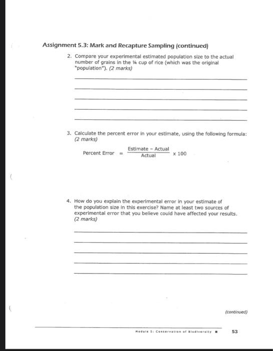 Assignment 5.3: Mark and Recapture Sampling (20 | Chegg.com