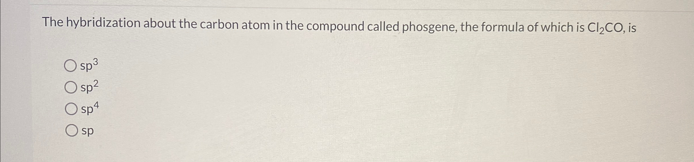 Solved The hybridization about the carbon atom in the | Chegg.com