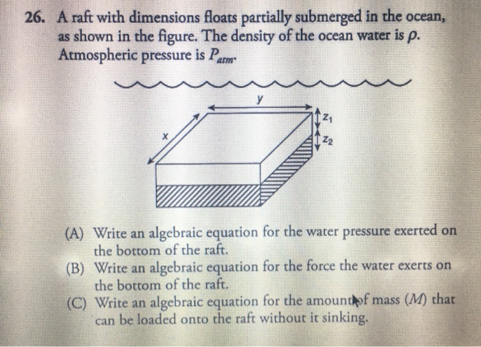 Solved 26. A raft with dimensions floats partially submerged | Chegg.com