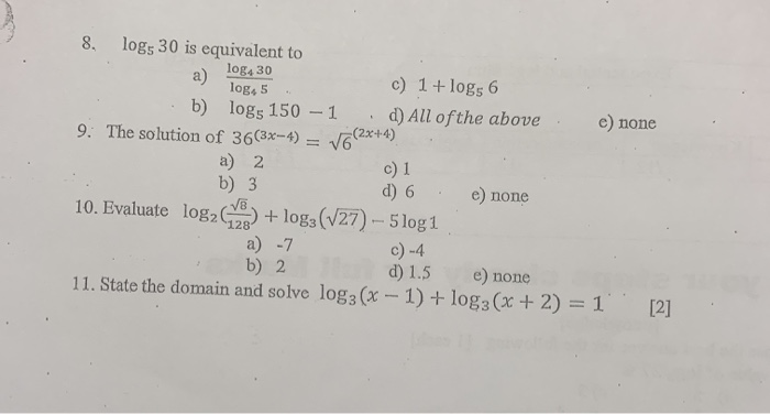 Solved a) 8. logs 30 is equivalent to loge 30 log, 5 . c) | Chegg.com