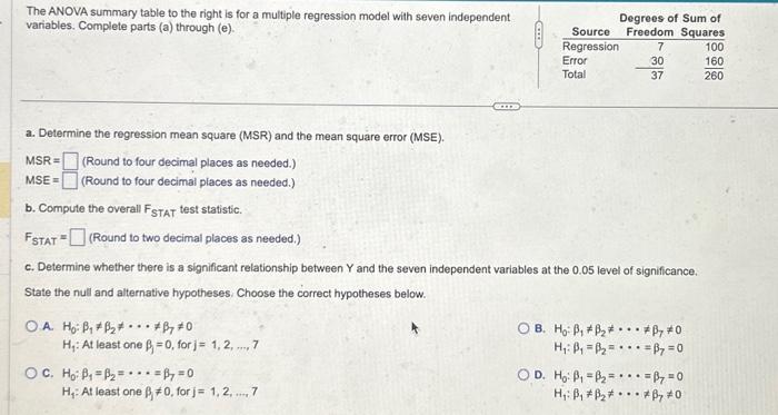[Solved]: The ANOVA summary table to the right is for a mul