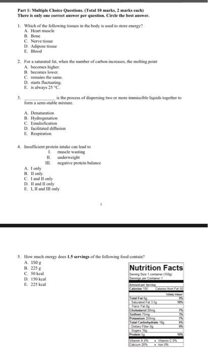 Solved Part 1: Multiple Cheice Questions. (Total 10 marks, 2 | Chegg.com